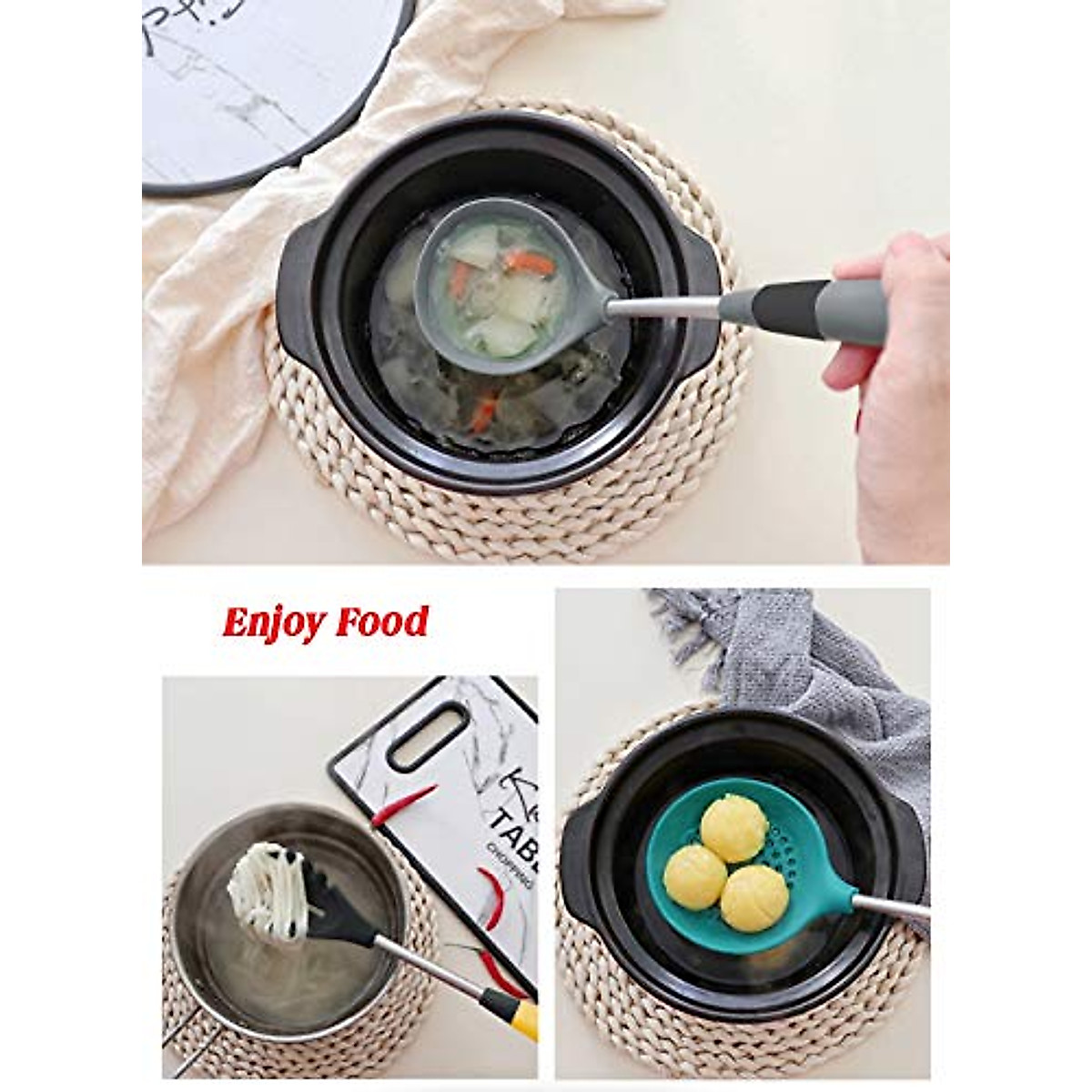 SDGH 7 Pcs New Silicone Kitchenware Non-Stick Kitchen Cooking Utensils Extended Design Stainless Steel Handle Kitchenware Sets (Color : E)