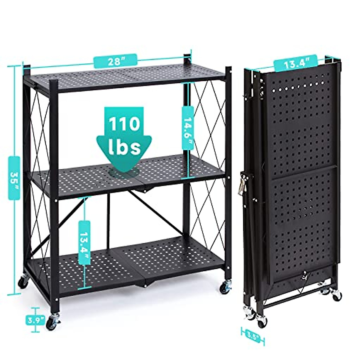 MYDENIMSKY 3-Tier Storage Shelves, Metal Storage Shelves Rack, Foldable Shelving Units with Wheels, Wire Shelving Units No Assemble Required, Movable Garage Shelves, Kitchen and Garden Shelves, Black