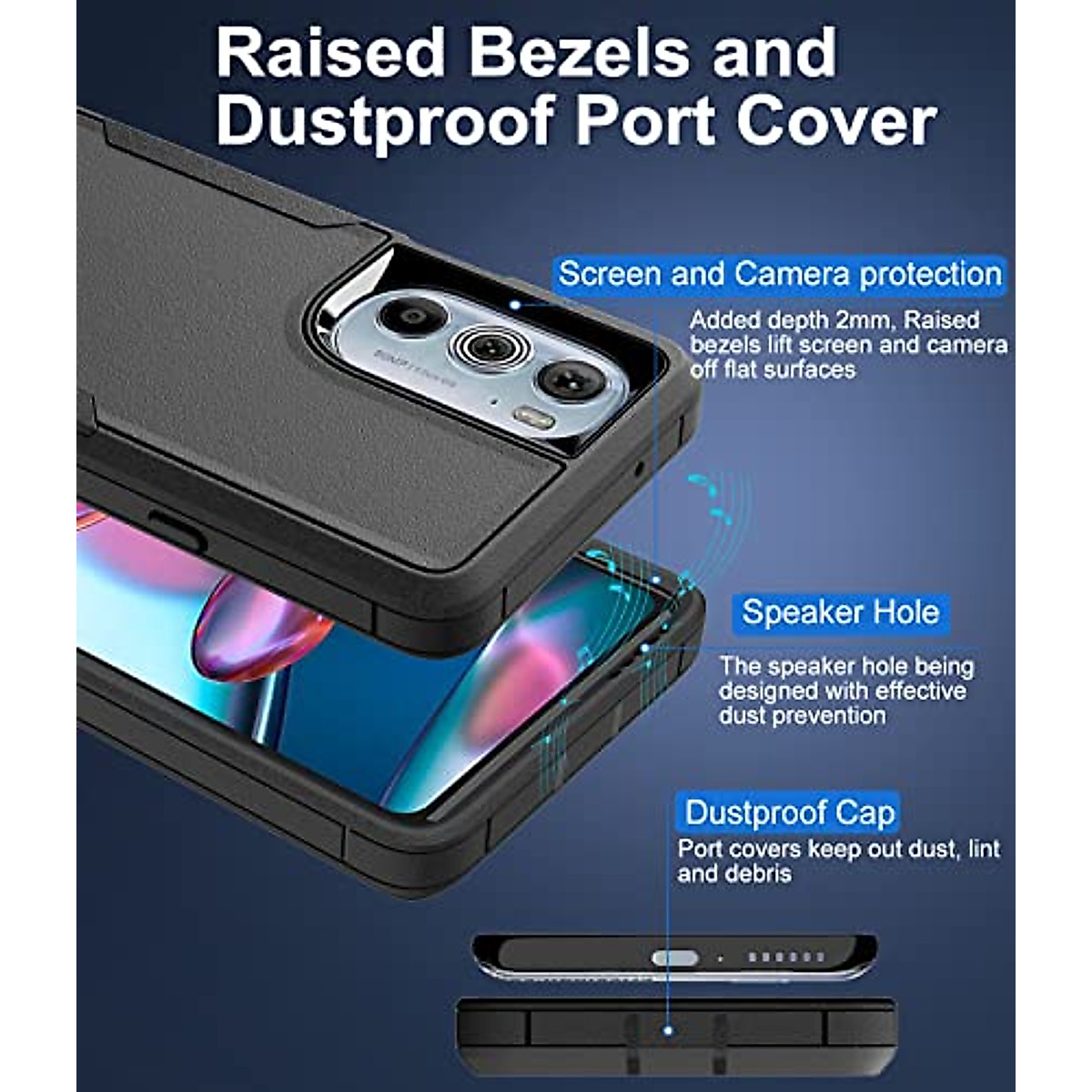 Dahkoiz for Motorola Edge Plus(2022) Case, Moto Edge Plus 5G UW 2022 Case with Dust-Proof Cap, Full Body Protection Silicone Rubber Cover Phone Case for Motorola Edge Plus(2022), Black