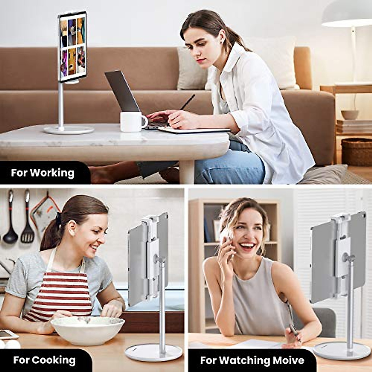 AboveTEK Tablet Stand Holder, 360 Swivel Angle Height Adjustable Cell Phone Holder for Desktop, Aluminum iPad Mount Fits 4.5"-13.5" Tablet/Phones Such as iPhone Samsung, iPad, Switch, Kindle(Silver)