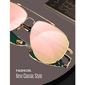 LUENX Aviator Sunglasses Polarized for Women Mirror Pink Lens Metal Gold Frame with case