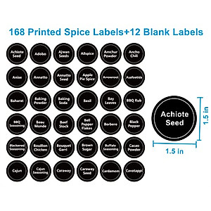 180 Spice Labels for Food Containers, Chalkboard Labels for Jars,Spice Labels Stickers Preprinted Pantry Labels,Small Chalk Labels Spice Jar Labels-Round 168 Printed,12 Blank Stickers,1 Erasable Chalk