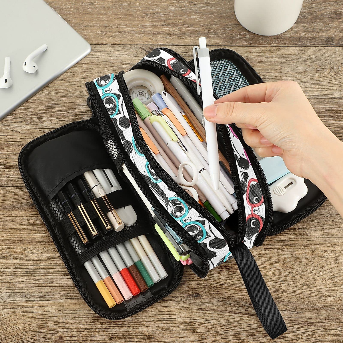 Fustylead Panda Wear Glasses Big Capacity Pencil Pen Case, Multi-Purpose Makeup Bag Organizer Storage Pouch for Office College School Hiking Travel