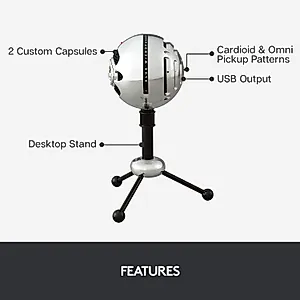 Logitech for Creators Blue Snowball USB Microphone for PC, Mac, Gaming, Streaming, Podcasting, Condenser Mic with Cardioid and Omnidirectional Pickup Patterns – Brushed Aluminum (Renewed)