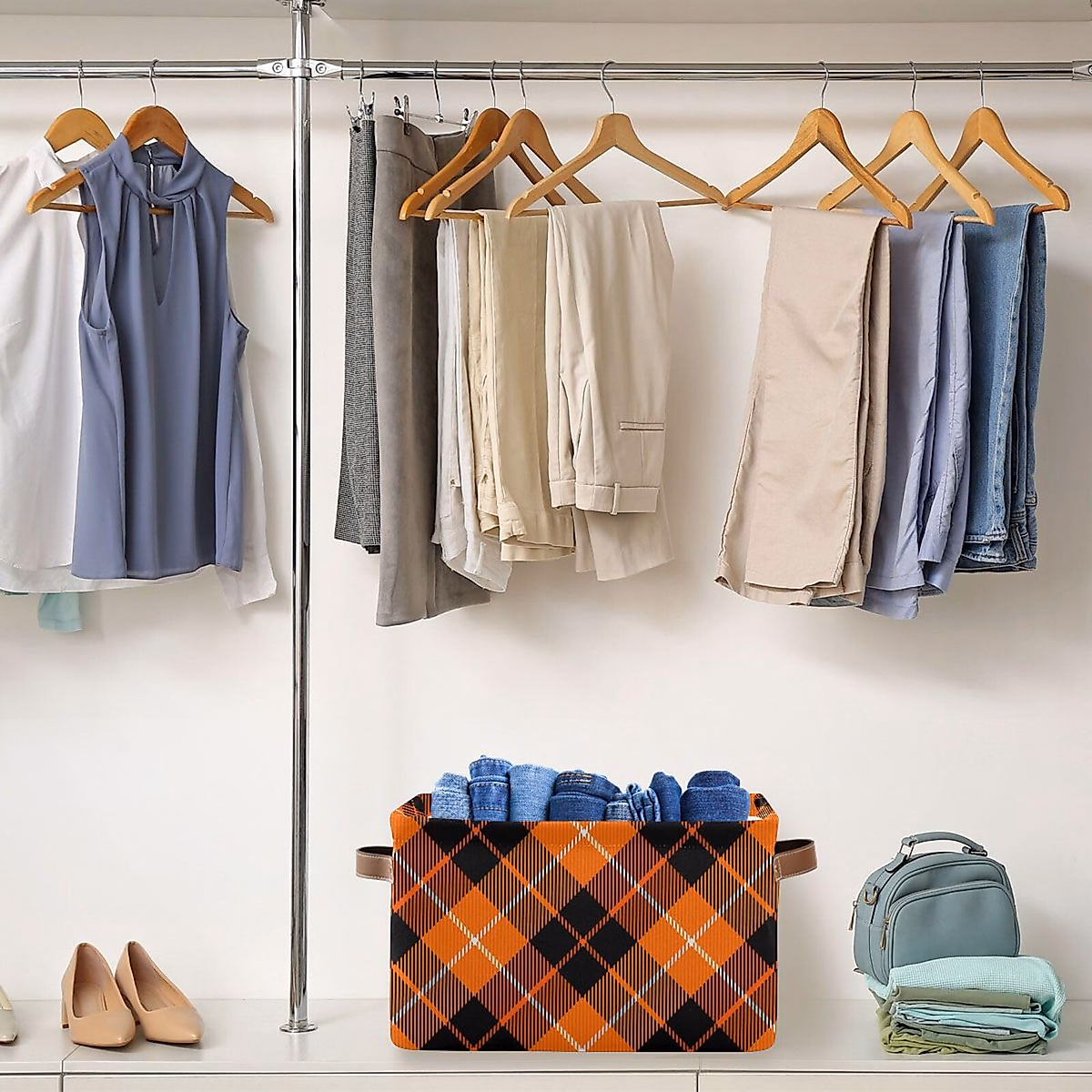 NFMILI Orange Black Plaid Storage Basket, Fabric Storage Cubes Bins, Open Home Storage Bins with Handle 14.2 x 10.2 x 8.3 in