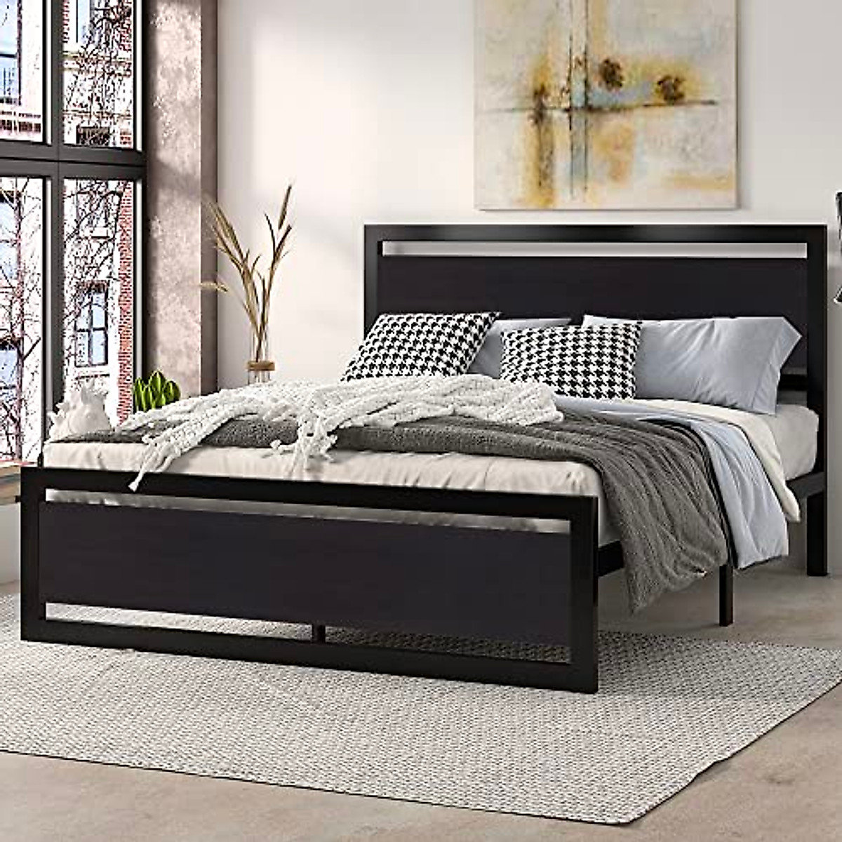 SHA CERLIN Full Size Bed Frame with Modern Wooden Headboard/Heavy Duty Platform Metal Bed Frame with Square Frame Footboard & 13 Strong Metal Slats Support/No Box Spring Needed, Black