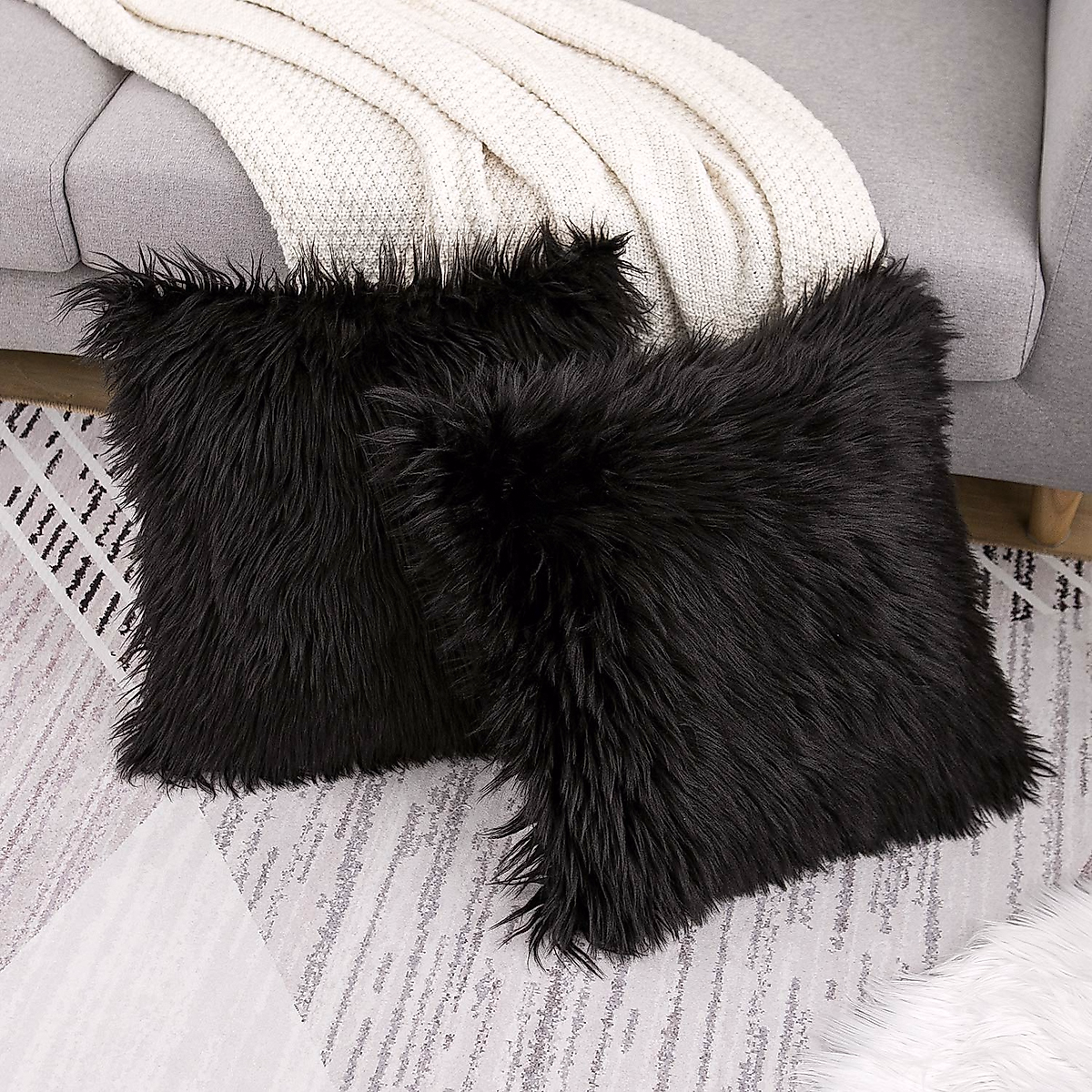 WLNUI Set of 2 Black Decorative Pillow Covers New Luxury Series Merino Style Faux Fur Fluffy Throw Pillow Covers Square Fuzzy Cushion Case 18x18 Inch