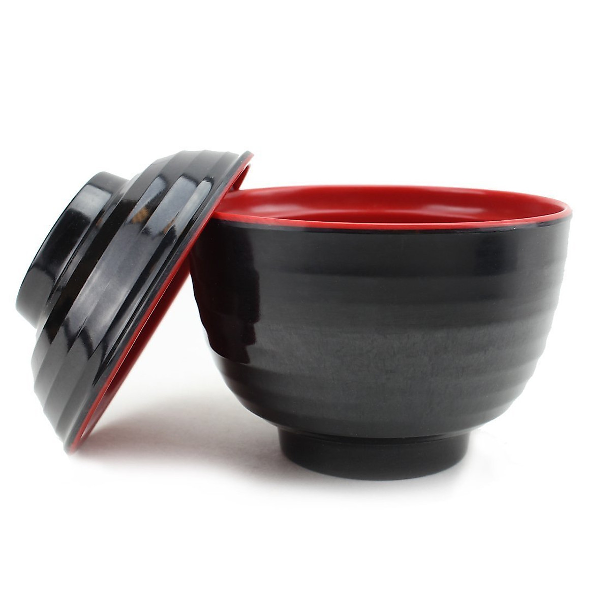 [Set of 4] 味噌湯ボウル Japanese Large Melamine Noodle Soup Bowls and Spoons (Red and Black) Tableware