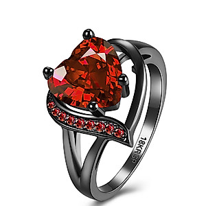 QOBEBOTA Romantic Size 8 Black Gold Plated Engagement Rings Red Heart Ruby Ring Promise Rings for Her Gothic Wedding Ring Birthday Gifts Statement Ring for Women