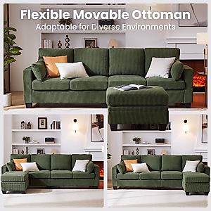 CHIC HOUSE Corduroy Modular Sectional Couch with Ottoman Chaise, L Shaped 4-seat Sofa for Living Room, Apartment, Lounge, Modern Armrest Neck Support Furniture