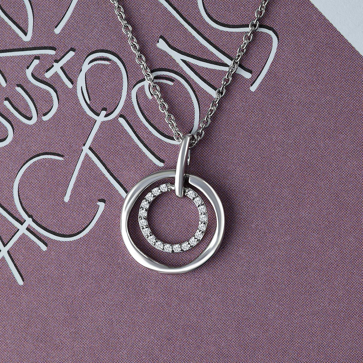 Elmas 1/10ct Round White Diamond 925 Sterling Silver Double Circle in Circle Pendant Necklace for Women