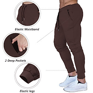BUXKR Men's Slim Joggers Workout Pants for Gym Running and Bodybuilding Athletic Bottom Sweatpants with Deep Pockets,Brown,S