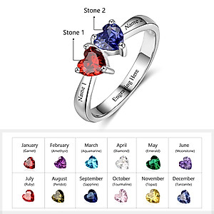 Love Jewelry Personalized Mothers Ring, Custom 2 Heart Simulated Birthstones Ring Engraved Names Engagement Rings Promise Rings for Women (6)