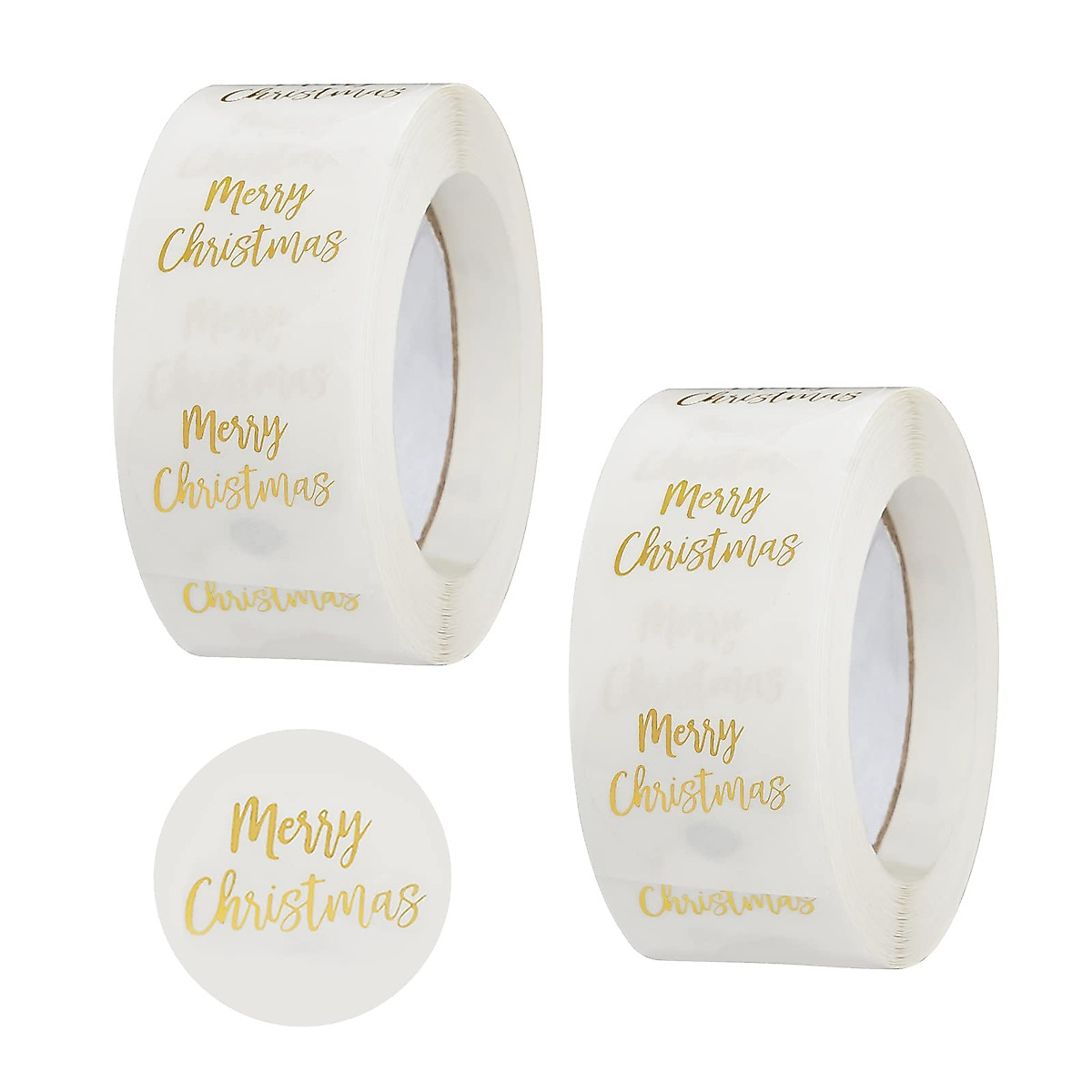 NUOMI 1000 PCS Merry Christmas Stickers Round Adhesive Seal Labels Gold Foil Stamping on Clear for Xmas Decor Envelope Cards Gift Packaging, 1 Inch