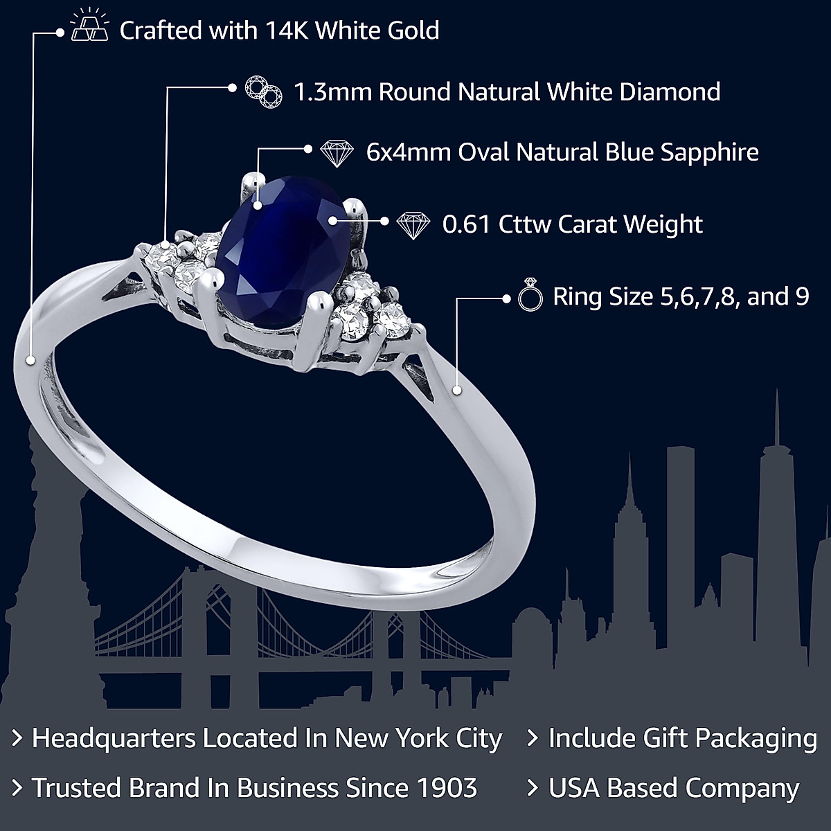 Gem Stone King 14K White Gold Blue Sapphire and White Diamond Engagement Ring For Women | 0.61 Cttw | Wedding Anniversary Promise Ring For Women | Available 5,6,7,8,9 (Size 5)