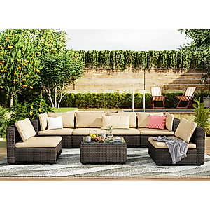 Grezone Patio Furniture Set 7 Piece Outdoor Wicker Sectional Sofa - All Weather PE Rattan Couch Conversation Set with Cushion & Glass Top Table for Backyard Deck Porch,Beige