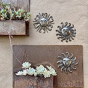 Small Metal Sun Faces, Sunny Home Décor, Wall Hanging, Authentic Upcycled Artwork from Haiti 6 Inches Round (Sun Faces)