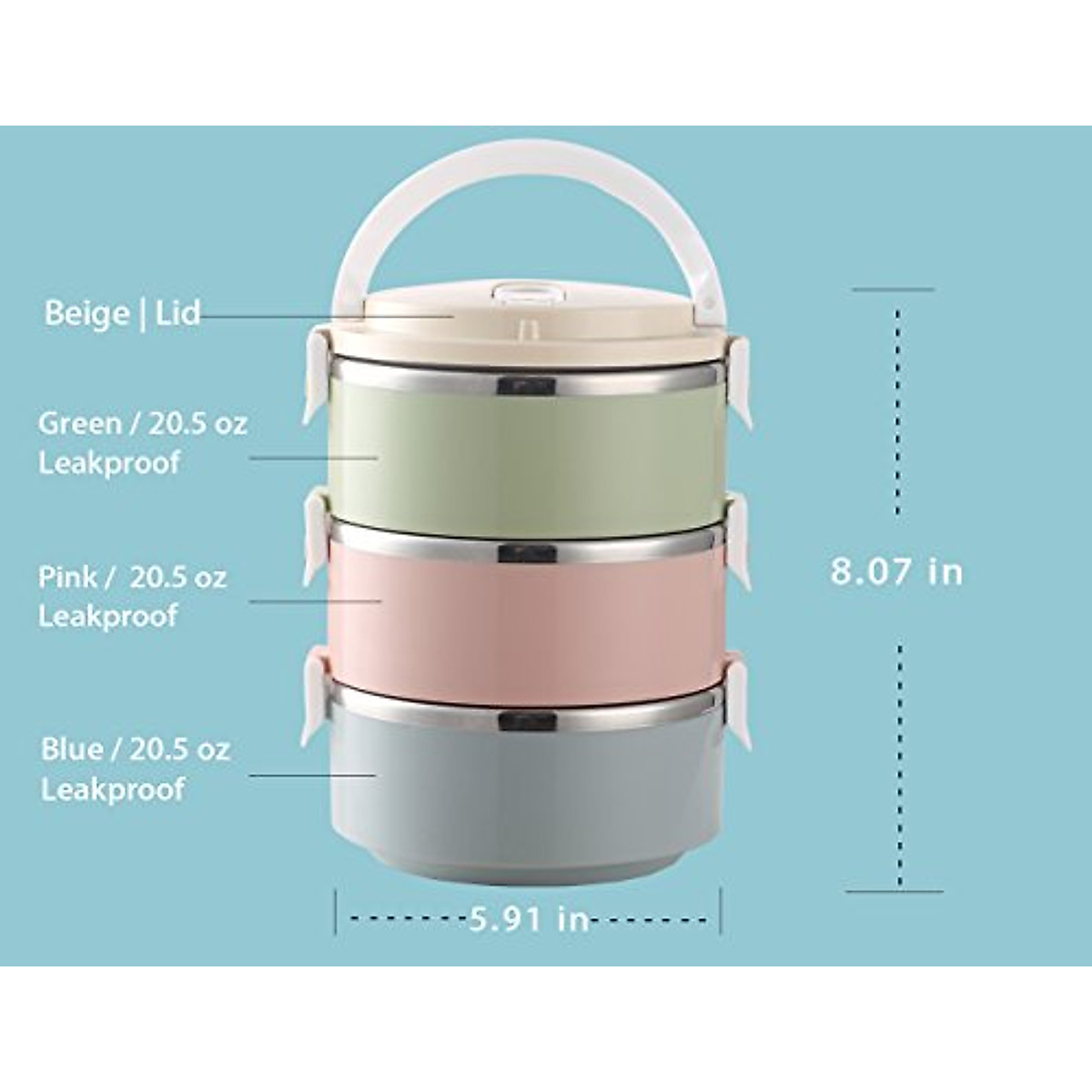 WORTHBUY Lunch Box Stainless Steel, Insulated Compartment Lunch Container For Hot Food, Spoon & Fork Set, Lunch Bag For Adults(Bpa-Free, 3-Tier)