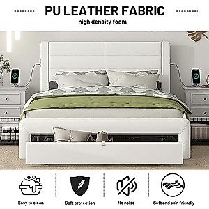 Linique Queen Size Wooden Bed Frame with 3 Storage Drawers,Queen PU Leather Upholstered Platform Bed with Headboard and Charging Station,White