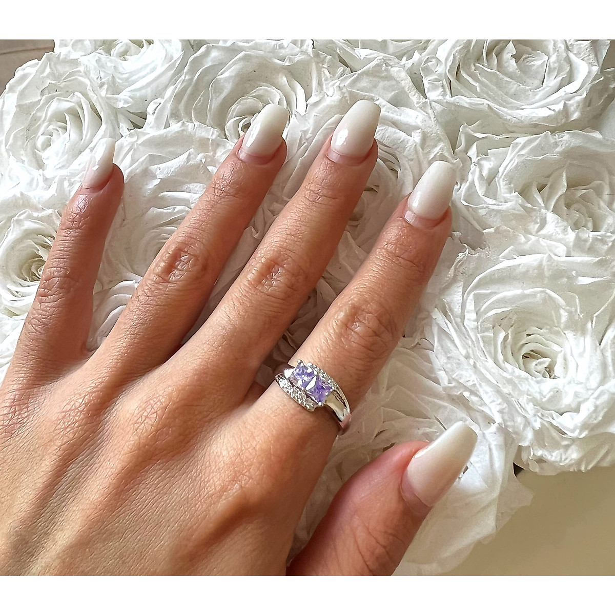 GLAMCARAT Sterling Silver Personalized mother ring with 2 birthstones promise ring name engraved jewelry for women (sterling-silver, 8)