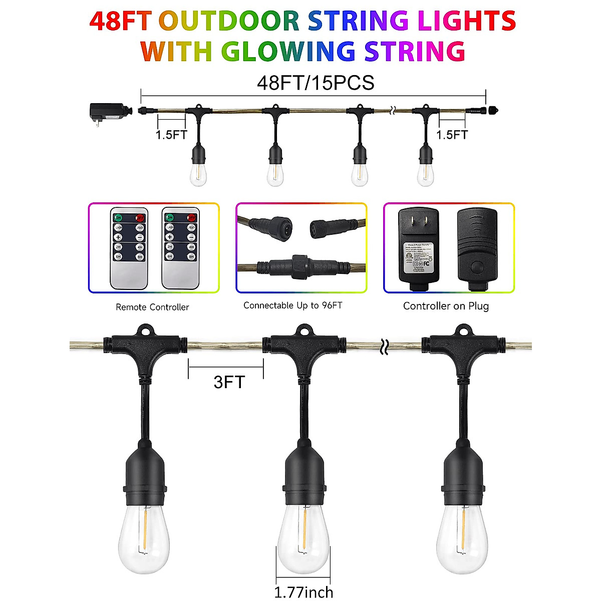 CLASShine 48ft RGB & White Outdoor String Lights Dimmable with Remote, Patio Lights Waterproof, Timer, 15 Hanging Sockets, 15+3 Edison LED Shatterproof Bulbs, Deck Porch Fence Decoration