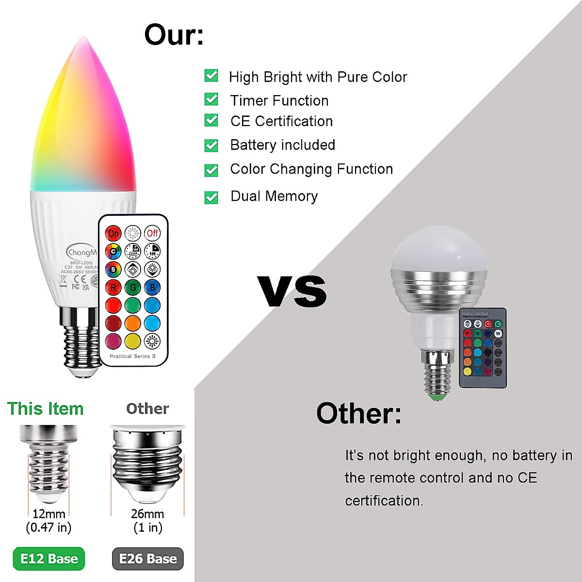 E12 LED Light Bulbs 5W,40W Equivalent, Small Base B11 Candelabra Light Bulbs, Set of 6 LED Color Changing Light Bulbs, Dimmable Color Candle Bulb with Remote Control RGB Cool White 5700K