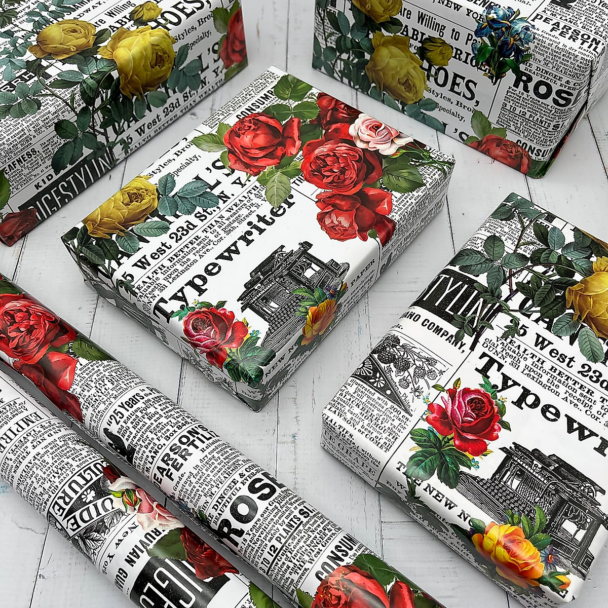 Dtiafu Vintage Newspaper Wrapping Paper Retro Floral Gift Wrap Paper - Rustic Wrapping Paper for Christmas Wedding Holiday - 20 x 28 Inch Per Sheet （6 Sheet）