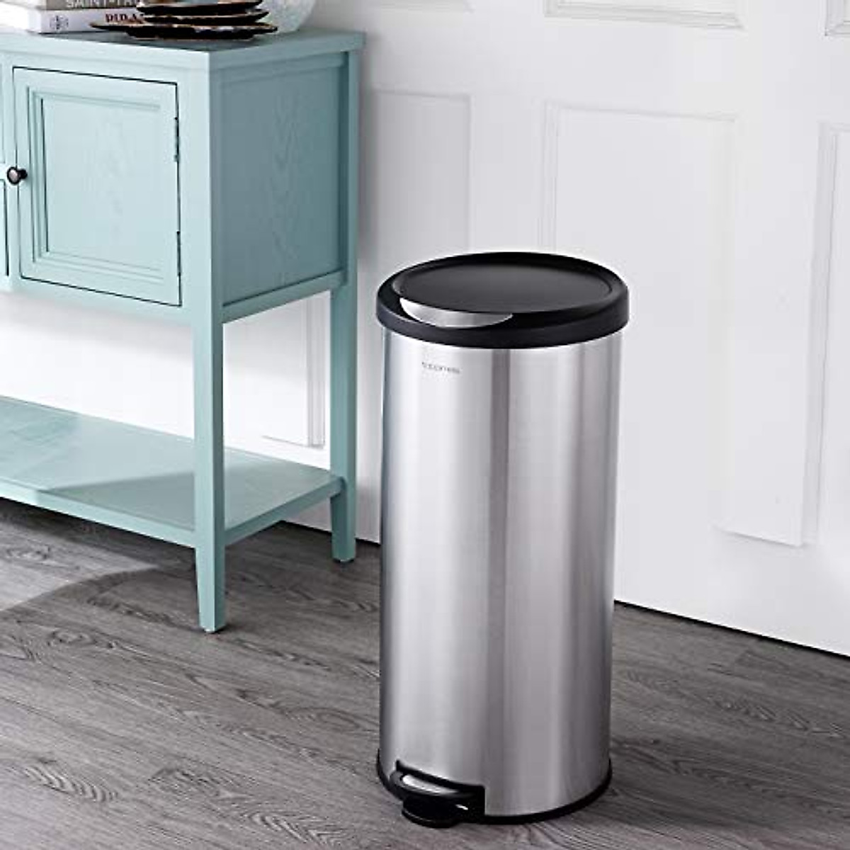 happimess HPM1001A Oscar Round 8-Gallon Step-Open Trash Can with Free Mini Trash Can, Modern, Fingerprint Proof for Home, Kitchen, Office, Large:7.9 Gallon Small:1.3 Gallon, Stainless Steel