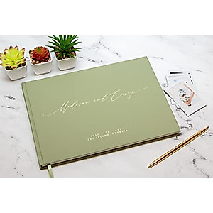 MUUJEE Personalized Guestbook in Sage - Premium Custom Modern Guest Book for Wedding Reception, Birthday Party or Events w/Bookmark Blank Pages for Signing 11.5 x 8.5 inches