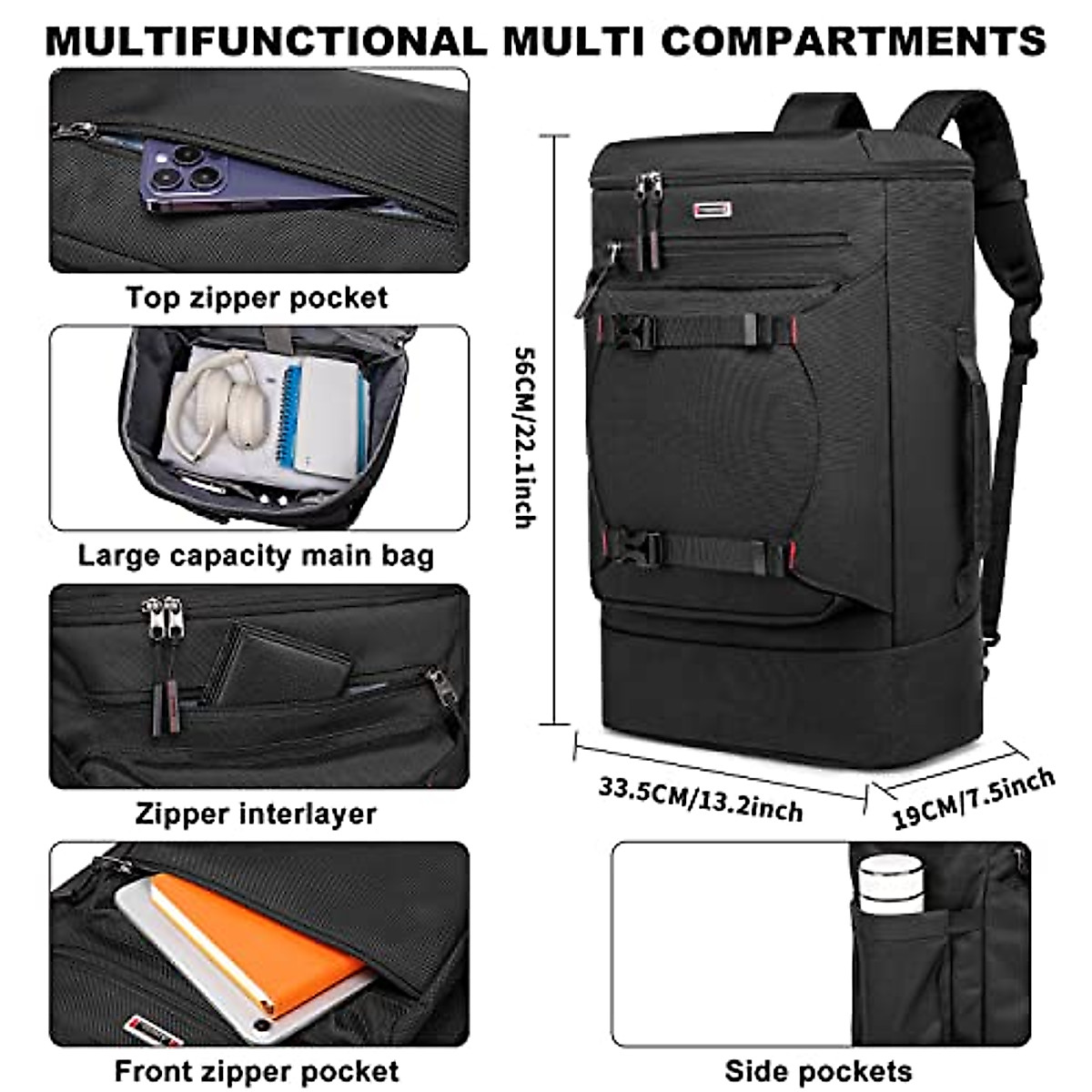 Asenlin Travel Backpack for Women Men，40L Large Carry on Backpack，17 Inch Laptop Backpack Flight Approved Water Resistant Sports Luggage for Casual Daypack Hiking Backpack-Black