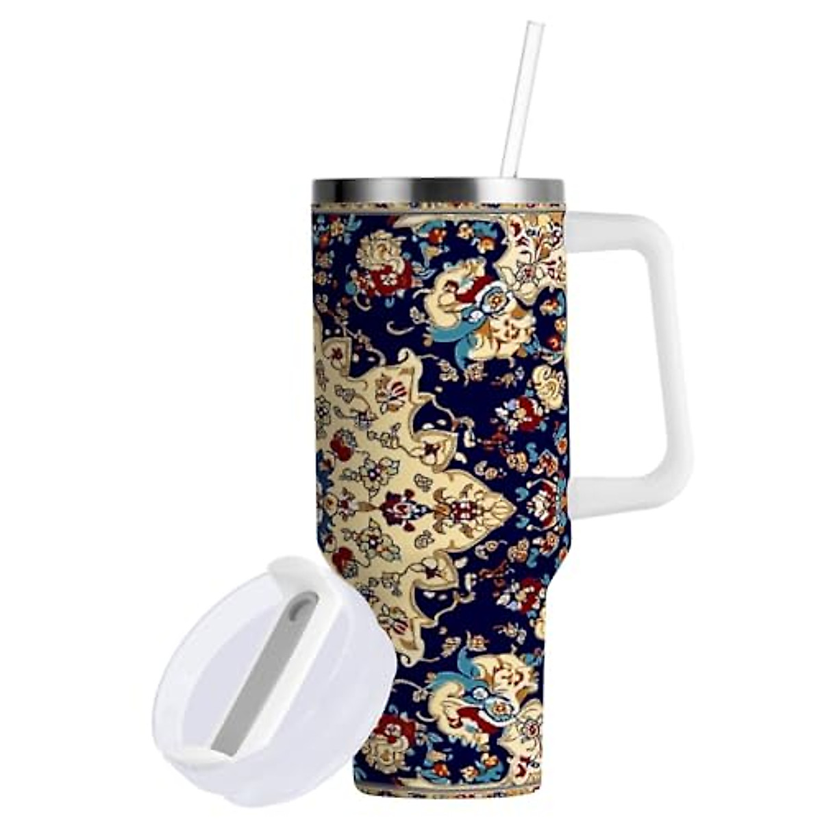 Jihqo Baroque Style Flowers 40 oz Stainless Steel Vacuum Insulated Tumbler with Handle and Straw Lid, Leakproof Water Bottle Double Wall Travel Mug Coffee Cup, Cupholder Friendly