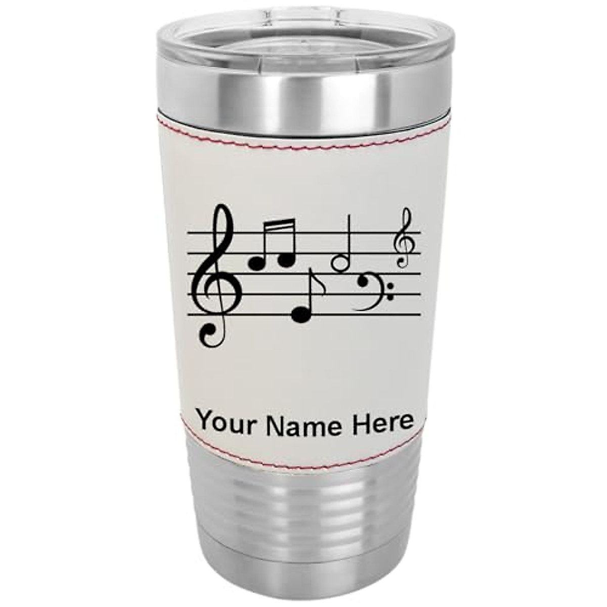 LaserGram 20oz Vacuum Insulated Tumbler Mug, Music Staff, Personalized Engraving Included (Faux Leather, Baseball Style)
