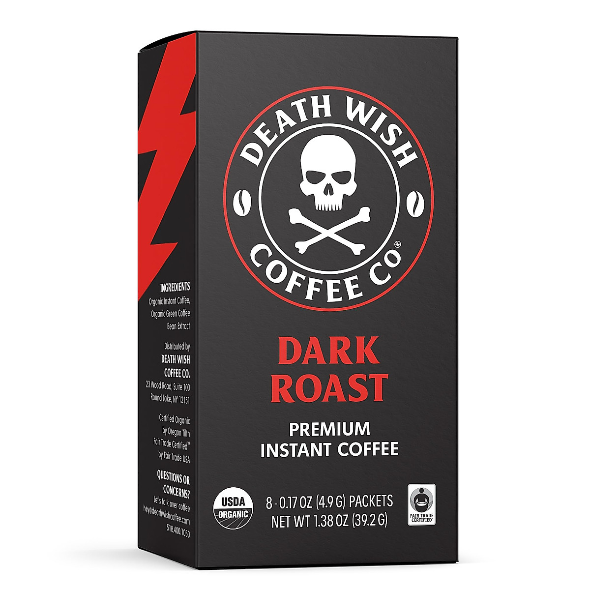 Death Wish Coffee Instant Coffee Dark Roast, 8 Single Serve Packets, Extra Kick of Caffeine, Bold & Intense Blend of Arabica & Robusta Beans, USDA Organic Powder, 300mg of Caffeine for Day Lift