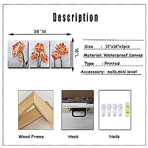 Derkymo 3 Panels Elegant Poppy Wall Painting Orange Flower Canvas Wall Art Pictures of Poppy Flowers for Home Decoration Stretched and Framed Easy to Hang 12"x16"x3pcs
