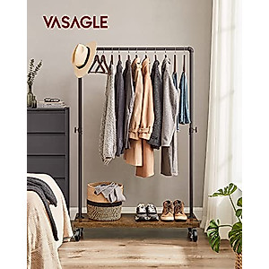 VASAGLE Clothes Rack, Heavy Duty Clothing Rack, Industrial Pipe Style Rolling Garment Rack with Shelf, for Bedroom, Laundry Room, Retail Store, Rustic Brown and Black UHSR65BX