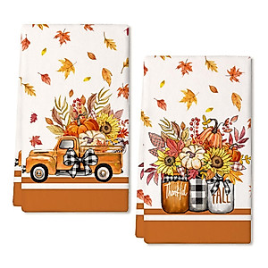 ARKENY Fall Kitchen Towels for Fall Decor,Orange Pumpkin Truck Maple Leaves Autumn Dish Towels 18x26 Inch Set of 2,Farmhouse Home Thanksgiving Harvest Vintage Decorations AD351