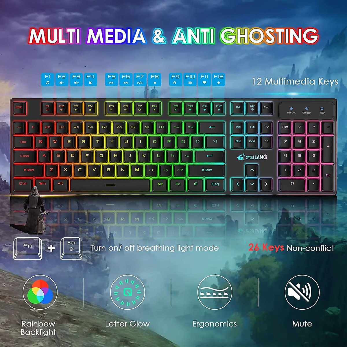 Wireless Gaming Keyboard and Mouse,Rechargeable Orange Backlit Keyboard Mouse with 3800mAh Battery,Mechanical Feel Gaming Keyboard,7 Color Gaming Mute Mouse,Gaming Mouse Pad for PC Gamer