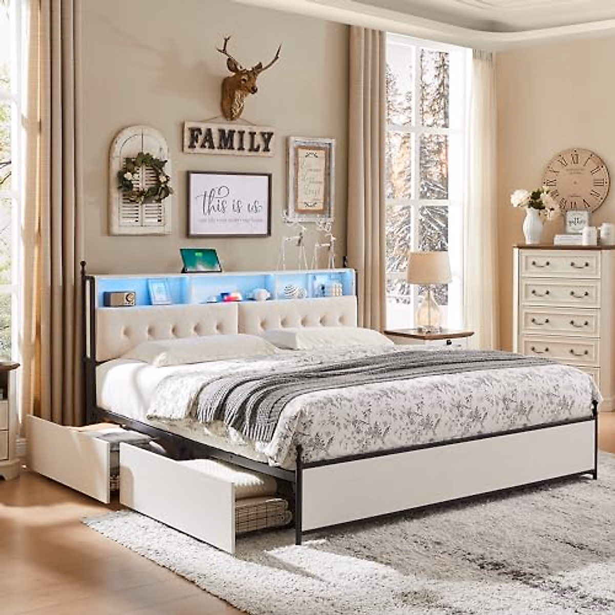 T4TREAM King Bed Frame with Storage Upholstered Headboard and 4 Drawers, Farmhouse Metal Platform Bed w/LED Lights & Charging Station, Stable & Easy Assembly, No Box Spring Needed, Antique White
