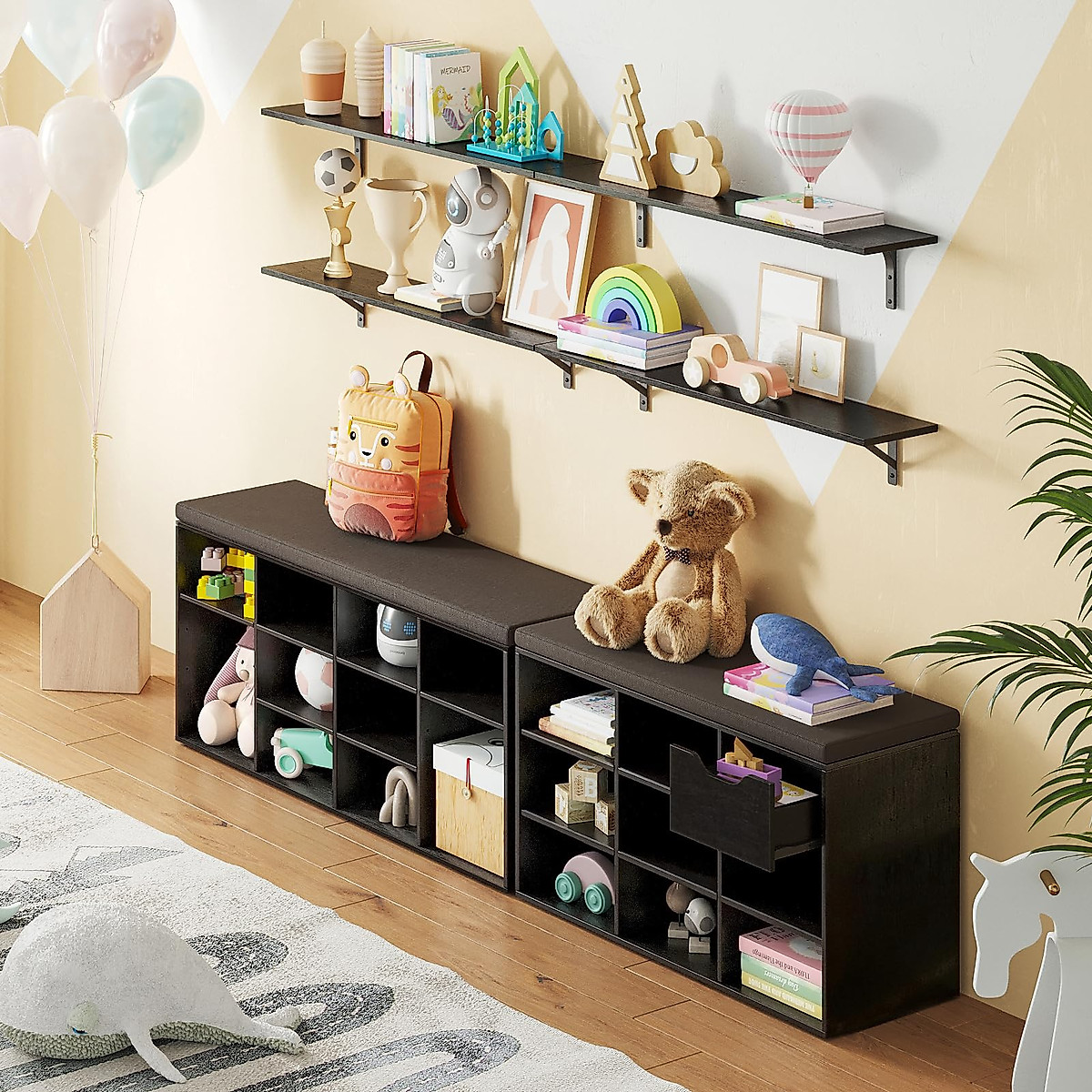 DINZI LVJ Shoe Bench, Entryway Storage Bench with Drawer and 8 Cubbies, Cubby Shoe Rack with Adjustable Shelves, Shoe Organizer Cabinet for Living Room, Bedroom, Mudroom, Closet and Garage, Espresso