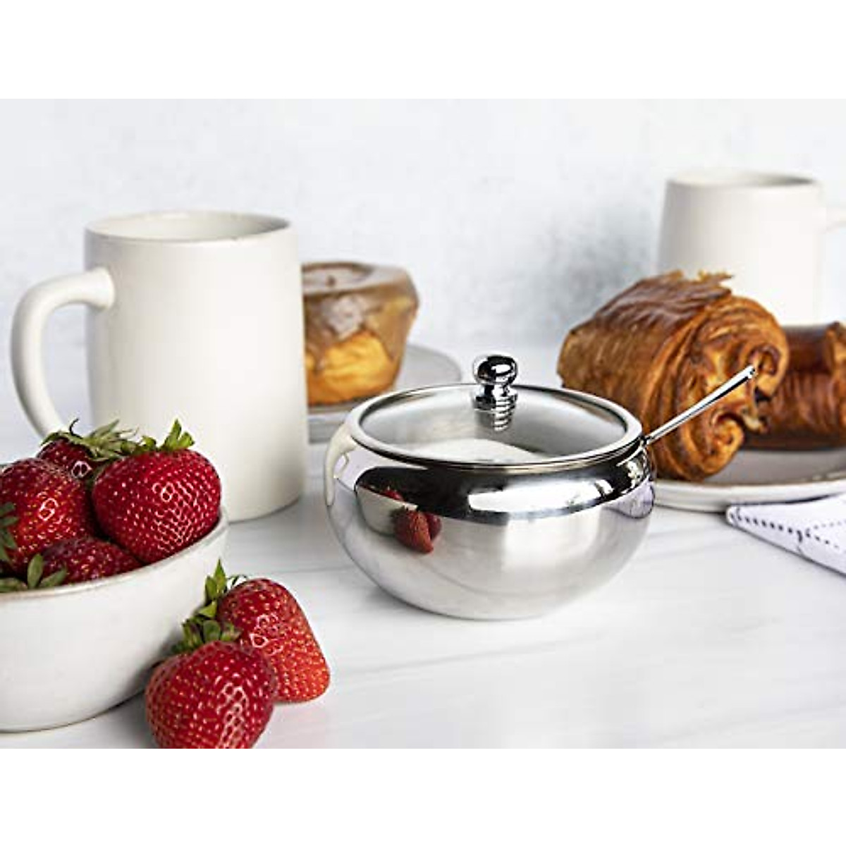KooK Large Stainless Steel Sugar Bowl with Lid and Spoon, Serving Dish, Clear Glass Lid, Storage for Salt, Candy, Coffee, Holds 2 Cups, Dishwasher Safe, 16 oz (Stainless Steel)