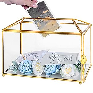 Ripprovt Glass Wedding Card Box with Lock, 12.6x5.9x9 inches Large Gold Card Boxes for Wedding Reception, Keepsake Display, Graduation, Party Centerpiece Decorative Box