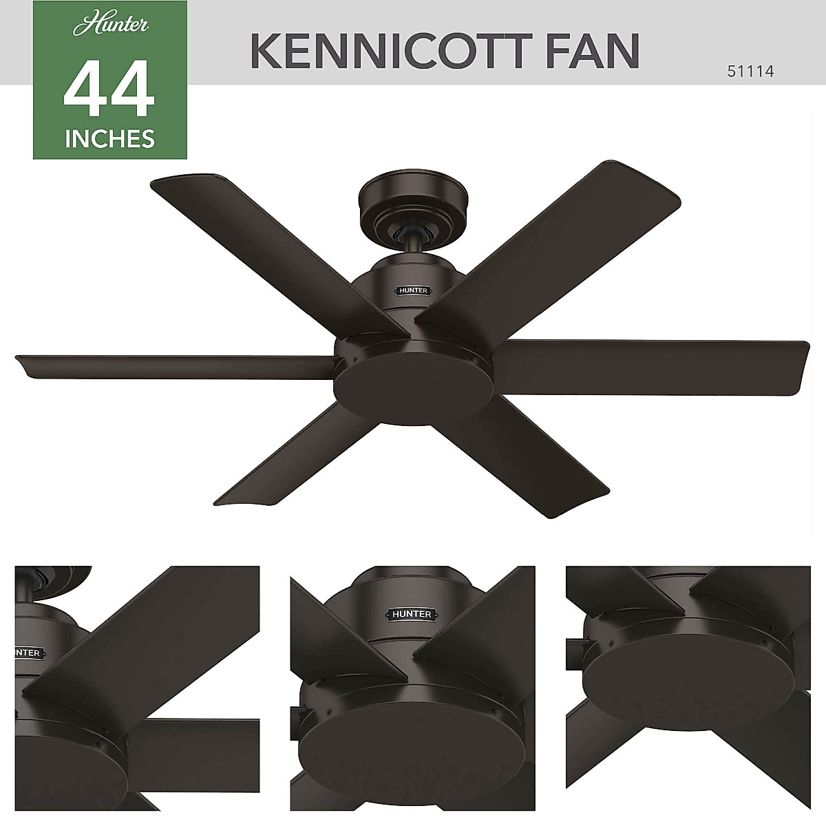 Hunter Fan Company, 51114, 44 inch Kennicott Premier Bronze Indoor / Outdoor Ceiling Fan and Wall Control