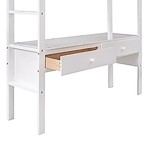 BIADNBZ Full Size Loft Bed with Built-in Desk and 2 Drawers, Wooden High Loftbed Frame w/Storage Shelves, Cabinets and Guardrails, for Kids Teens Adults, White