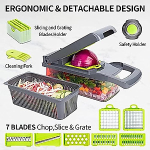 Vegetable Chopper,12-in-1 Multifunctional Veggie Chopper,Grey Kitchen Vegetable Slicer Dicer Cutter,Potato Onion Food Chopper with Vegetable Peeler,Hand Guard and Container