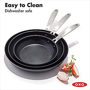 OXO Good Grips Pro, 8" 10" and 12" 3 Piece Frying Pan Skillet Set, 3-Layered German Engineered Nonstick Coating, Stainless Steel Handle, Dishwasher Safe, Oven Safe, Black