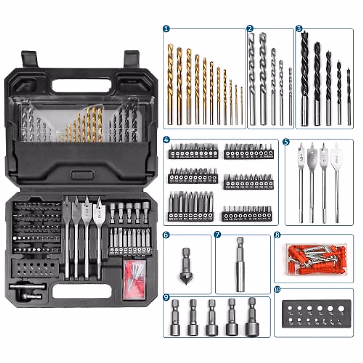 Drill Bit Set, WESCO 122Pcs Power Impact Driver Bits Set and Screwdriver Bits Set,Assorted in Tough Case for Wood Metal Cement Drilling and Screwdriving, Gift for Men/Women Tools Box
