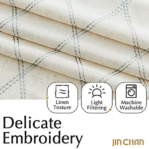 jinchan Linen Curtains for Living Room Grey Diamond Embroidered Curtains Geometric Patterned Window Drapes Flax Window Treatment Set for Bedroom Grommet Curtains 84 Inches Long 2 Panels