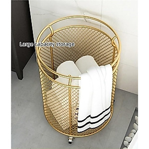 ZYHYZLF Metal Laundry Hamper with Wheels, Laundry Basket, Round Mesh Dirty Clothes Hamper, Laundry Basket Storage for Bathroom Laundry Room Living Room Bedroom or Balcony(Gold)
