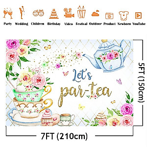 Tea Birthday Party Backdrop Let's Partea Pink Flowers Photo Background Newborn Kids Princess Birthday Party Decoration Cake Table Banner (7x5ft)