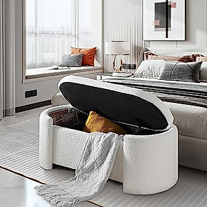 KINFFICT 43.4" Storage Ottoman Bench for Bedroom End of Bed, Upholstered Boucle Storage Bench, Modern Sherpa Benches Furniture with Safety Hinge for Entryway, Bedroom, Living Room, Teddy White